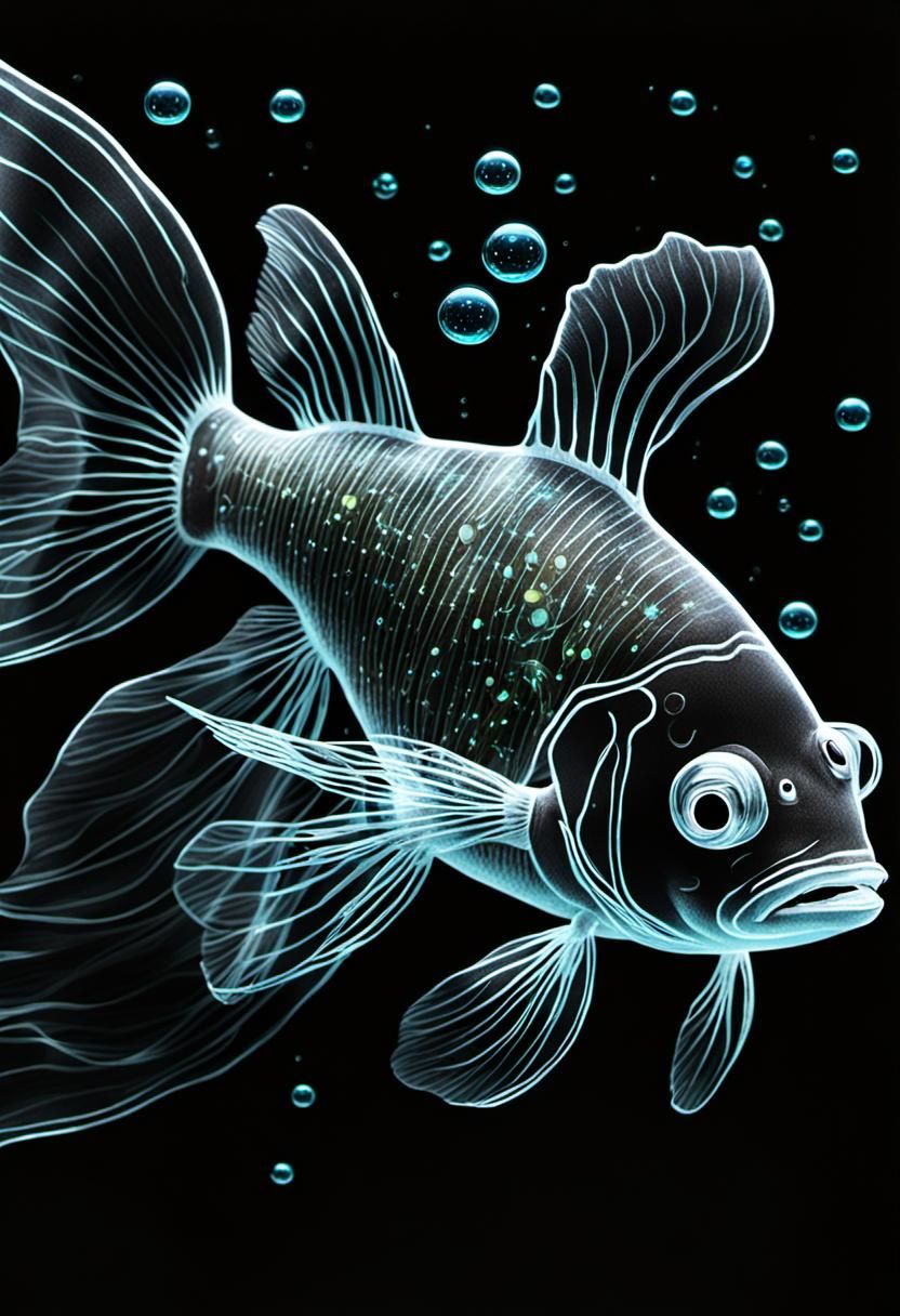 Wide angle drawing of a clear fish with small, bioluminescent fish ...