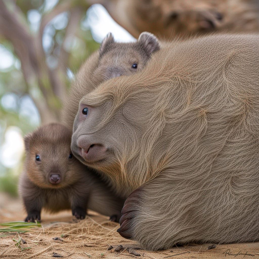 a cute wombat-Joey looking out of his mother's pouch - AI Generated ...