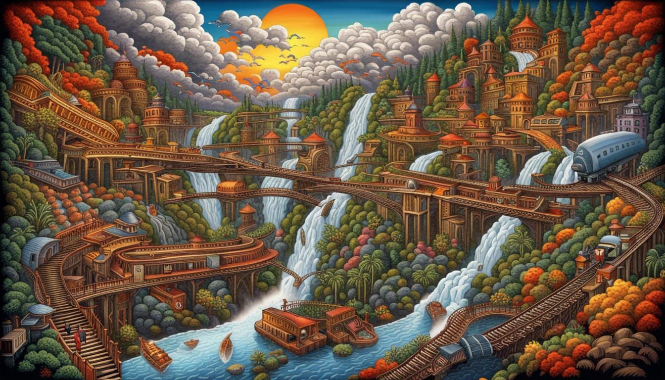 Escher Waterfall Village - AI Generated Artwork - NightCafe Creator