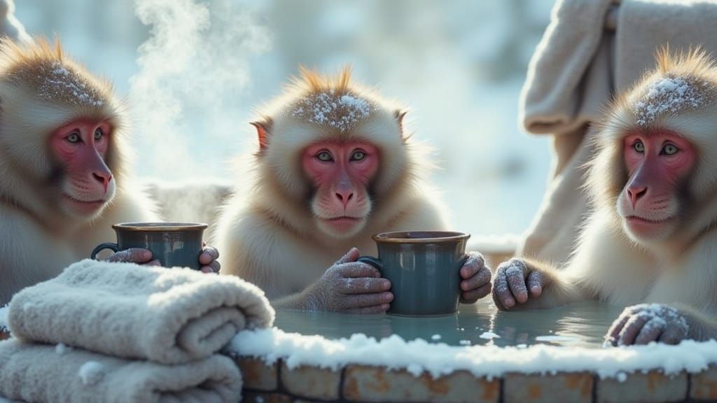 Japanese Spa Monkeys 8 - Snow Monkeys Soak in Serene Hot Spr...