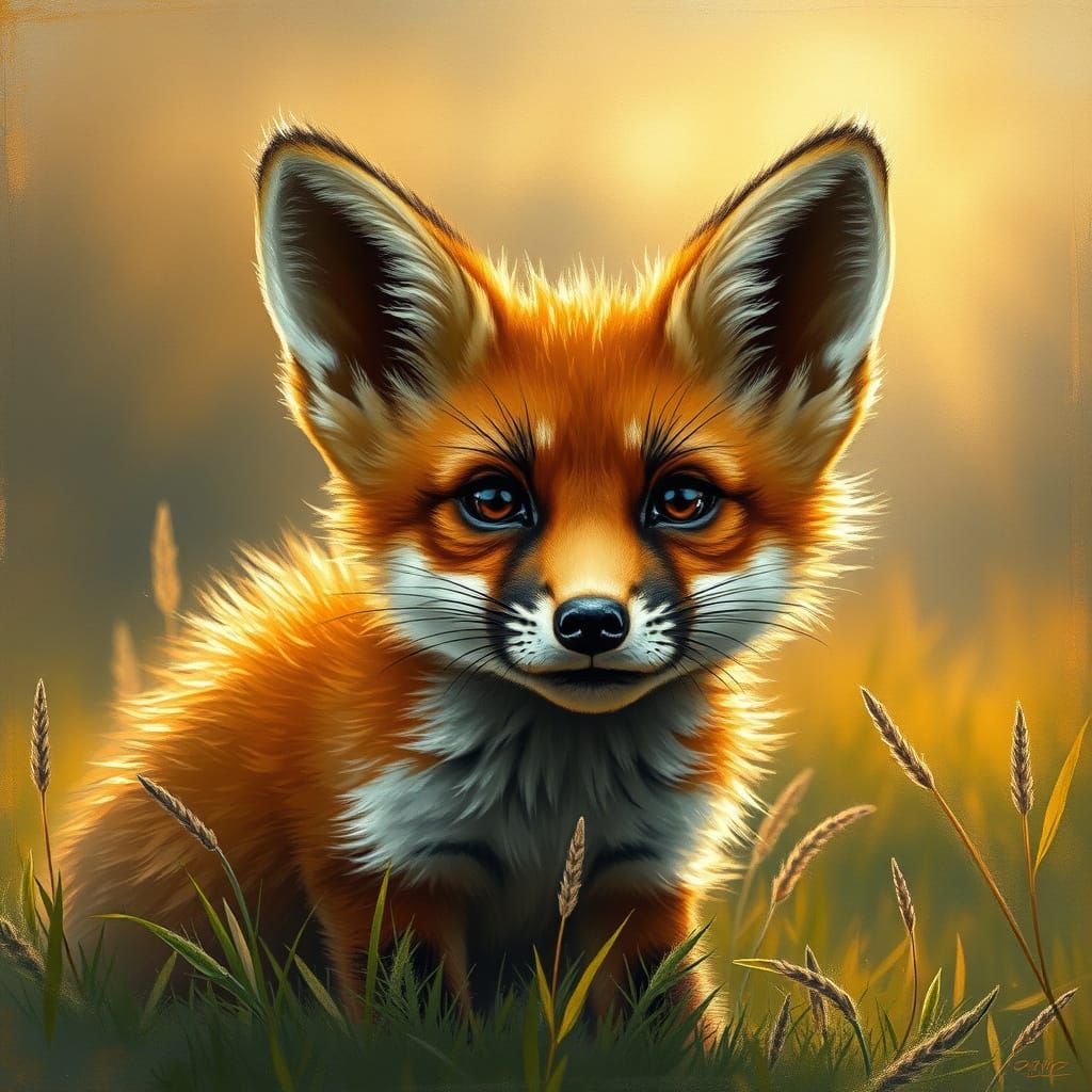 Vibrant Caricature of a Startled Fox Cub at Golden... - AI Art