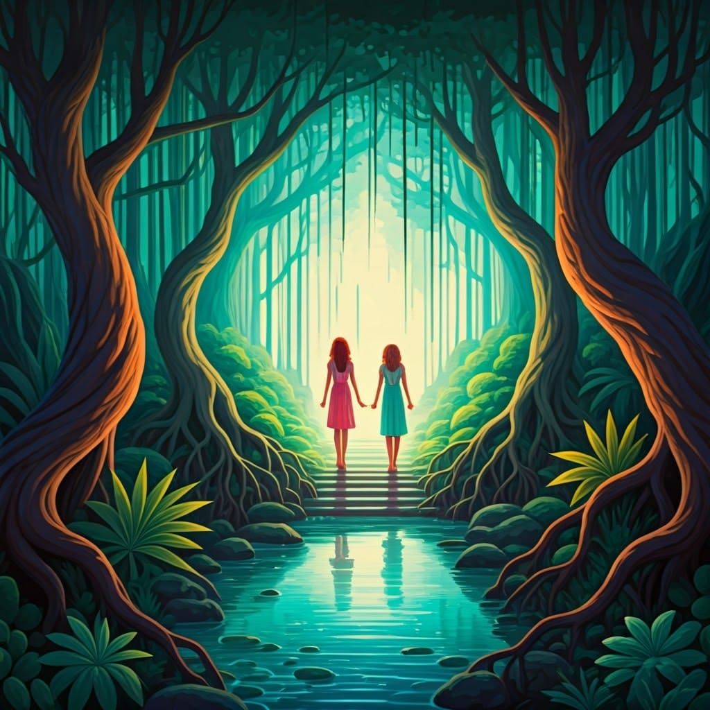 Two happy sisters entering an enchanted forest in art brut style by Duy Huynh, Midnight green ...