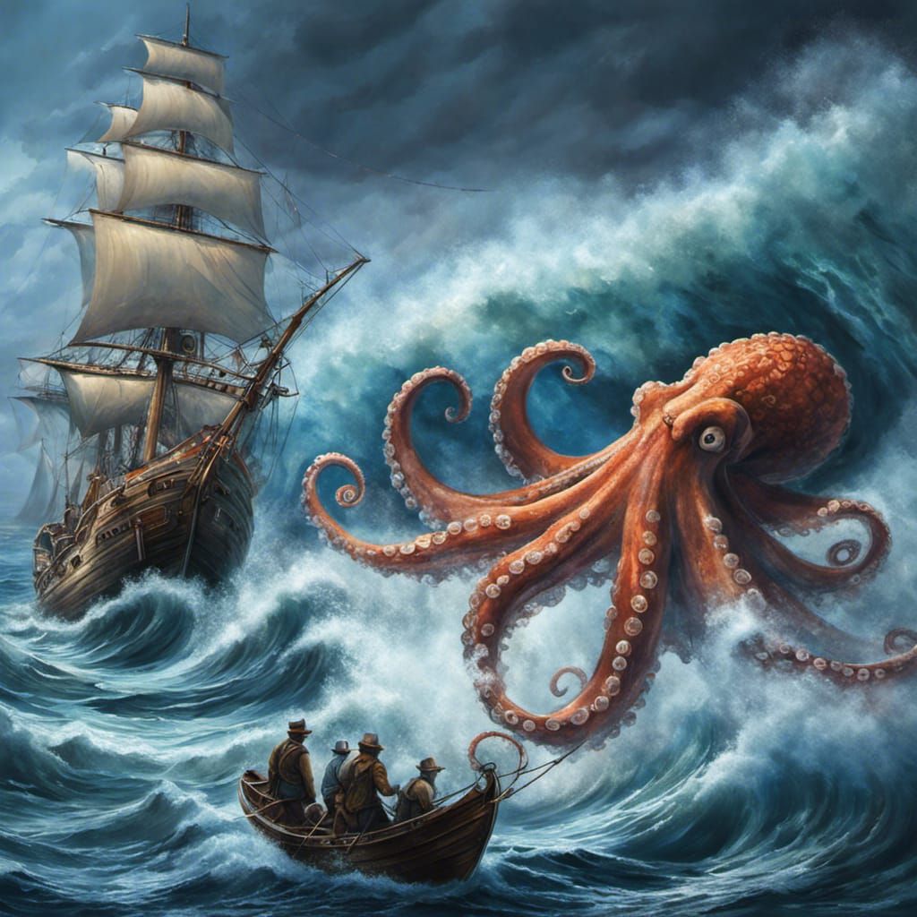 An octopus attacks a fishing boat, 6 pictures #1 - AI Generated Artwork ...
