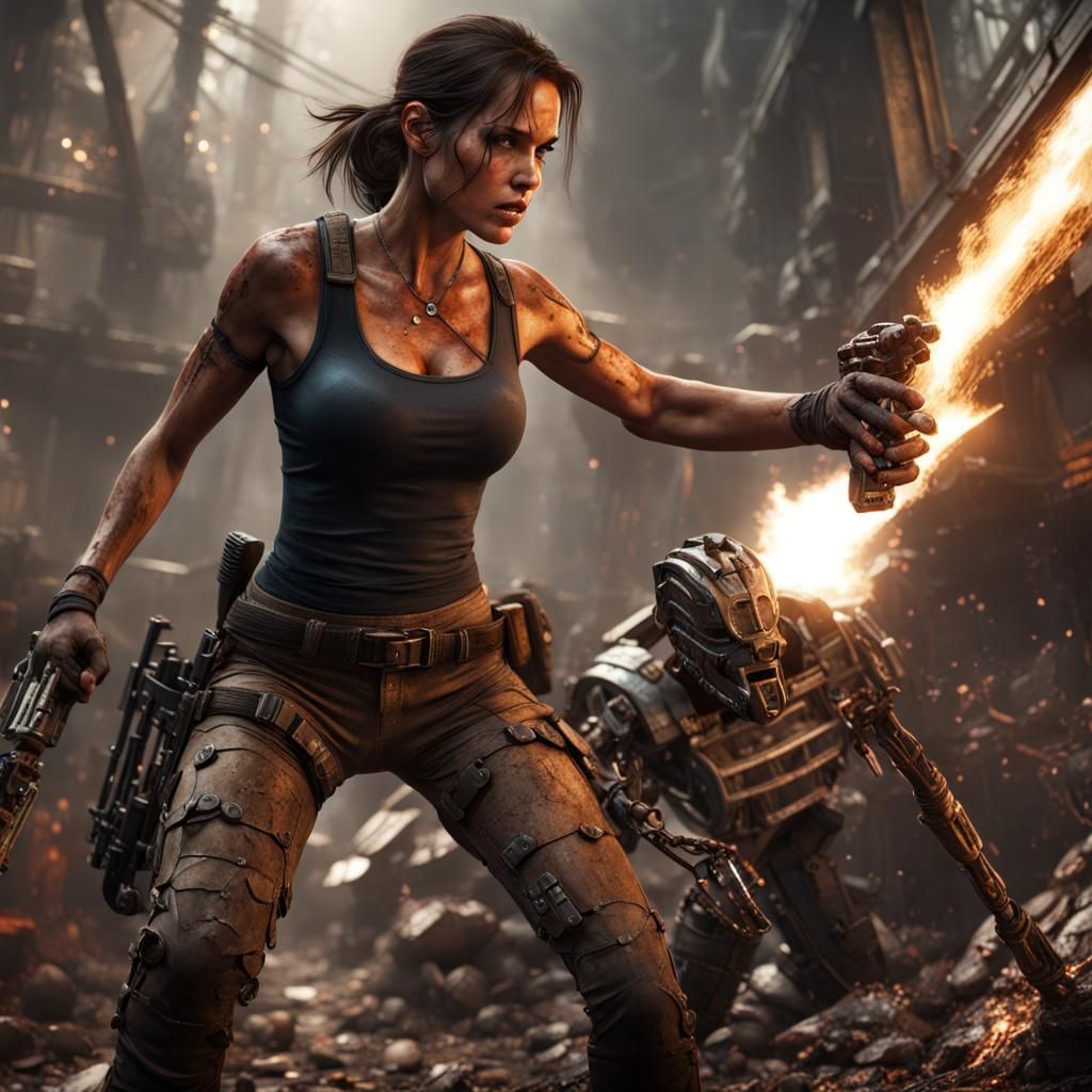 Lara Croft fighting with terminators - AI Generated Artwork - NightCafe ...