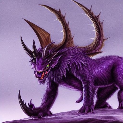 dragon beast on two legs with furry mane and horns pointed backwards ...