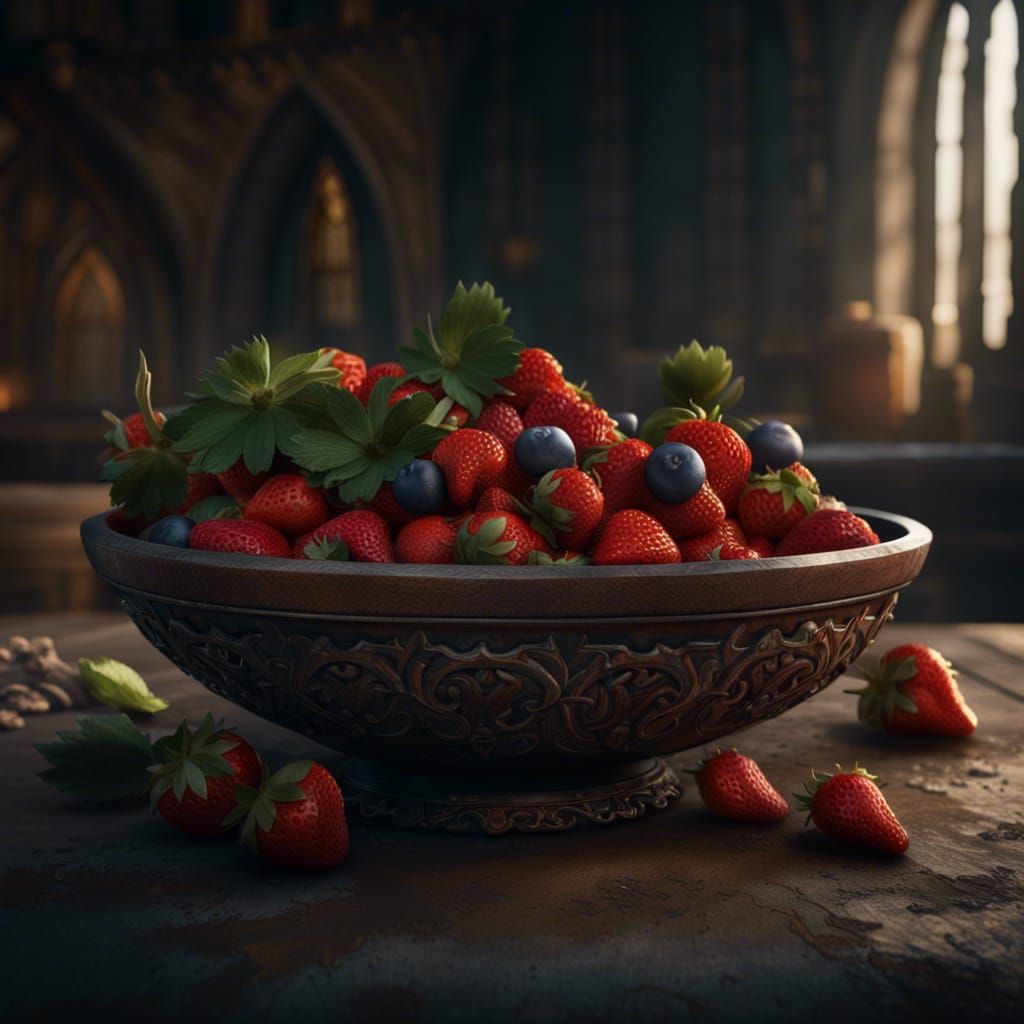 medieval bowl with strawberries in it - AI Generated Artwork ...