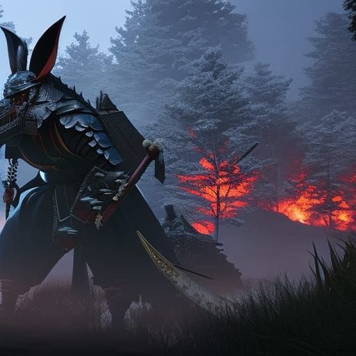 Samurai rabbits dressed traditionally in Japanese armor with eerie ...