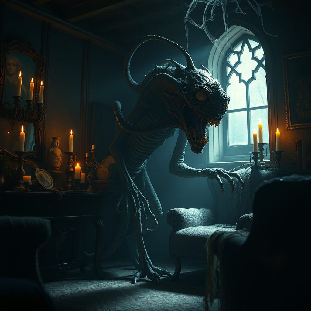 Gothic Hoom-Daa Monster in Dimly Lit Room - AI Art