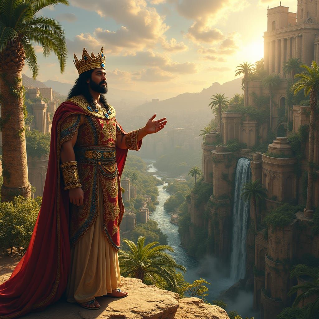 an image for King Nebuchadnezzar II standing before the Hanging Gardens ...
