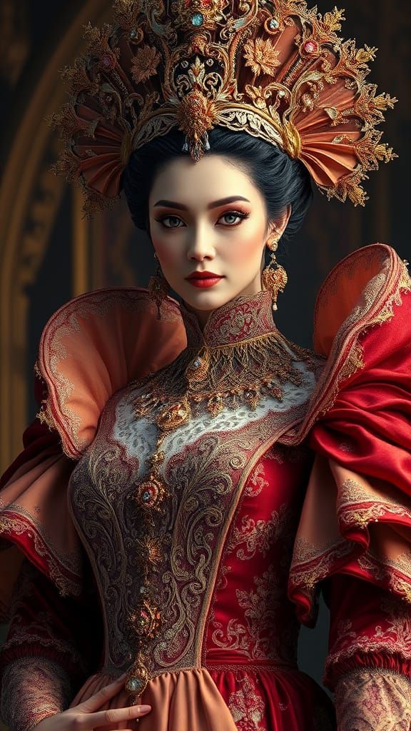 Ethereal Queen in Opulent Velvet and Lace Attire - AI Art