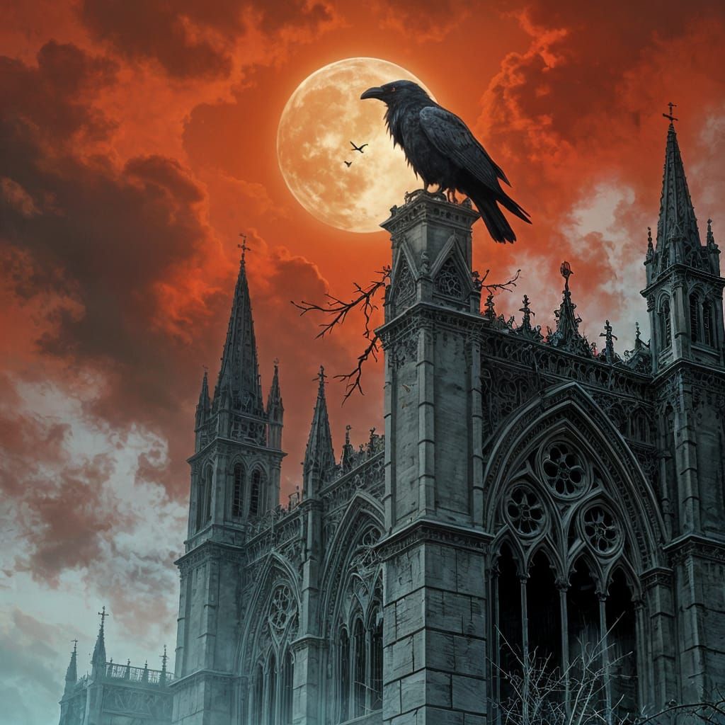 Raven on Gothic Cathedral in Dark Fantasy Art - AI Art
