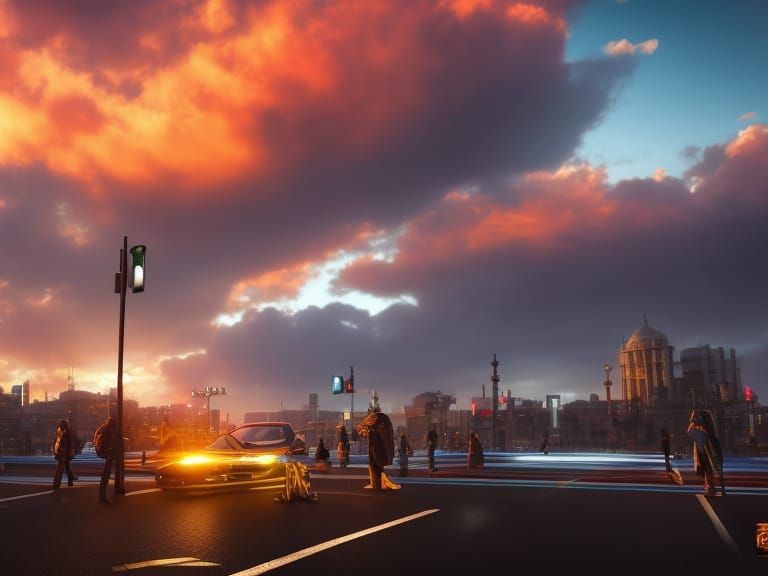 Cute Lovely Sunset crossing trough pedestrian crossing in traffic ...