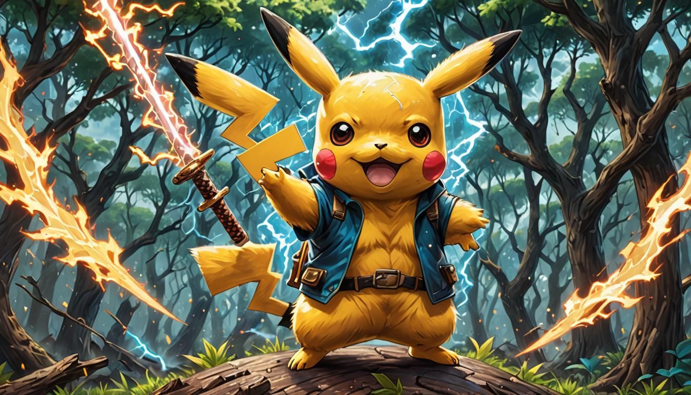 A Pikachu with katanas on his hands, the katanas are on fire, he is in ...