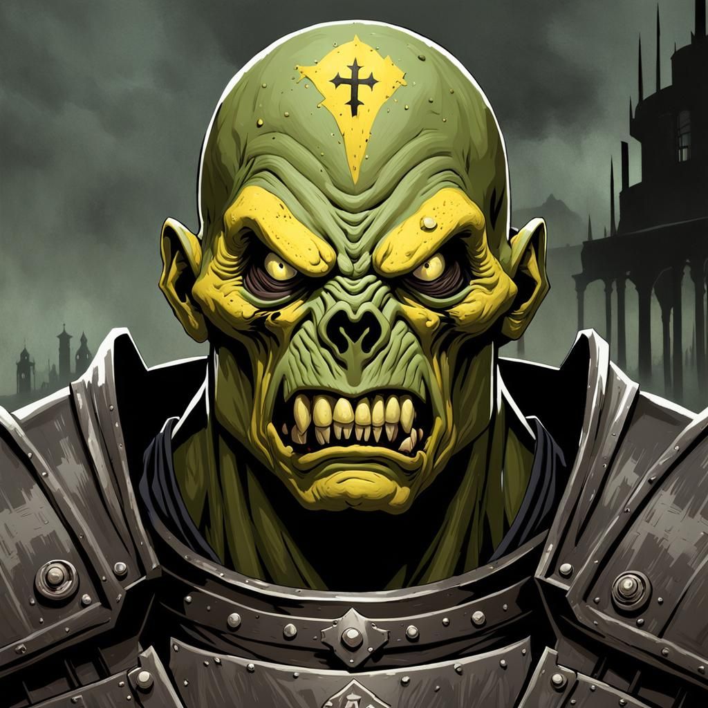 super mutant in a scrap robe, bald, pale green skin, gross yellow skin ...