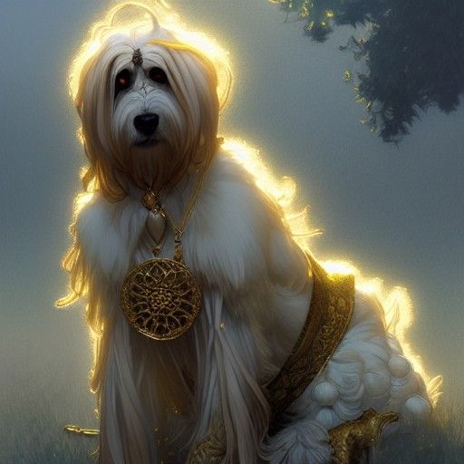 a beautiful shaggy dog, gold jewellery, dnd, fantasy, intricate ...