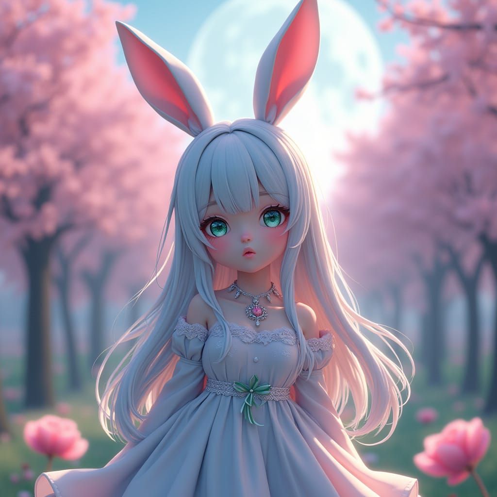 Anime Rabbit Girl in Serene Moonlit Garden - AI Art