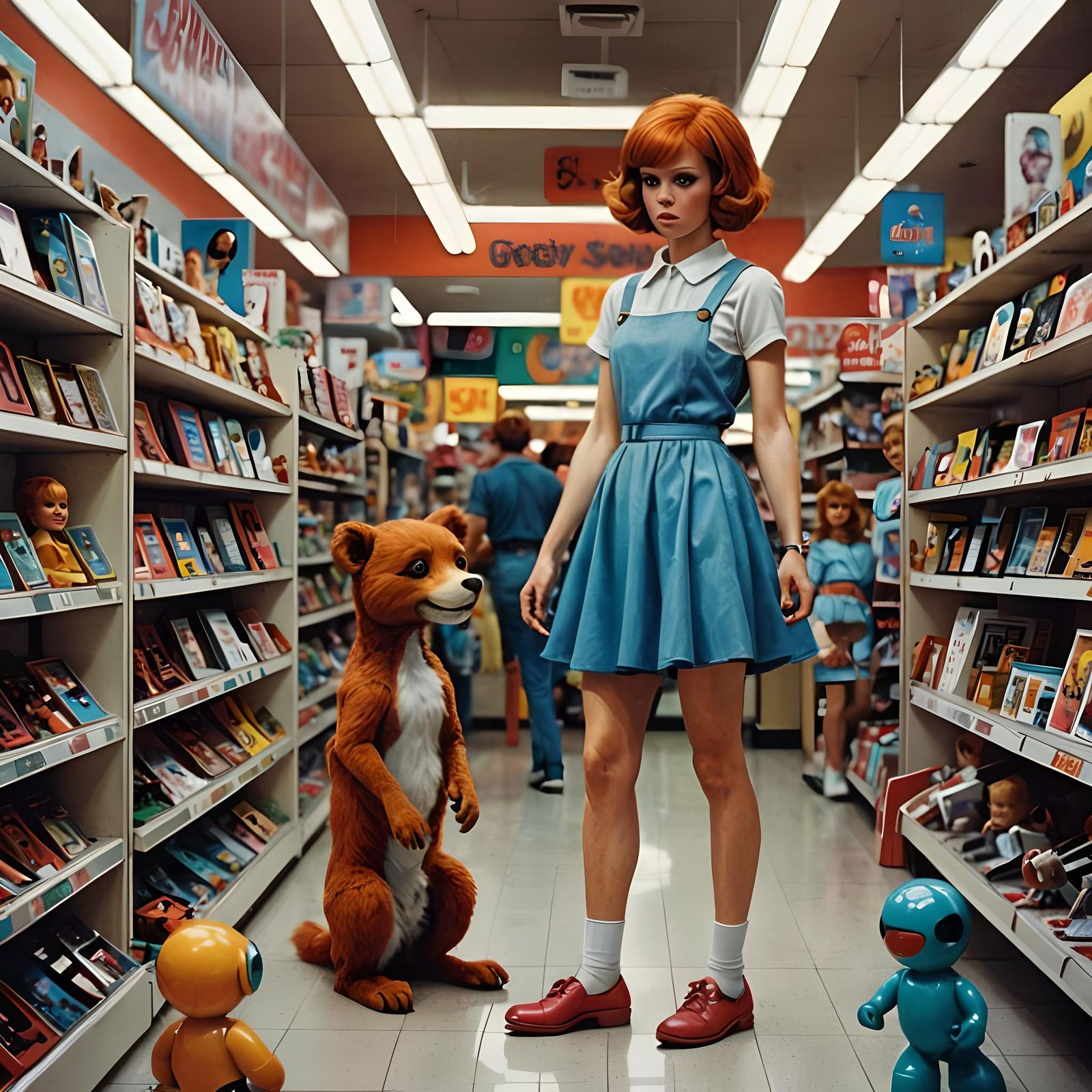Barefoot redhead girl with a pixie cut being brainwashed in an 80s mall ...