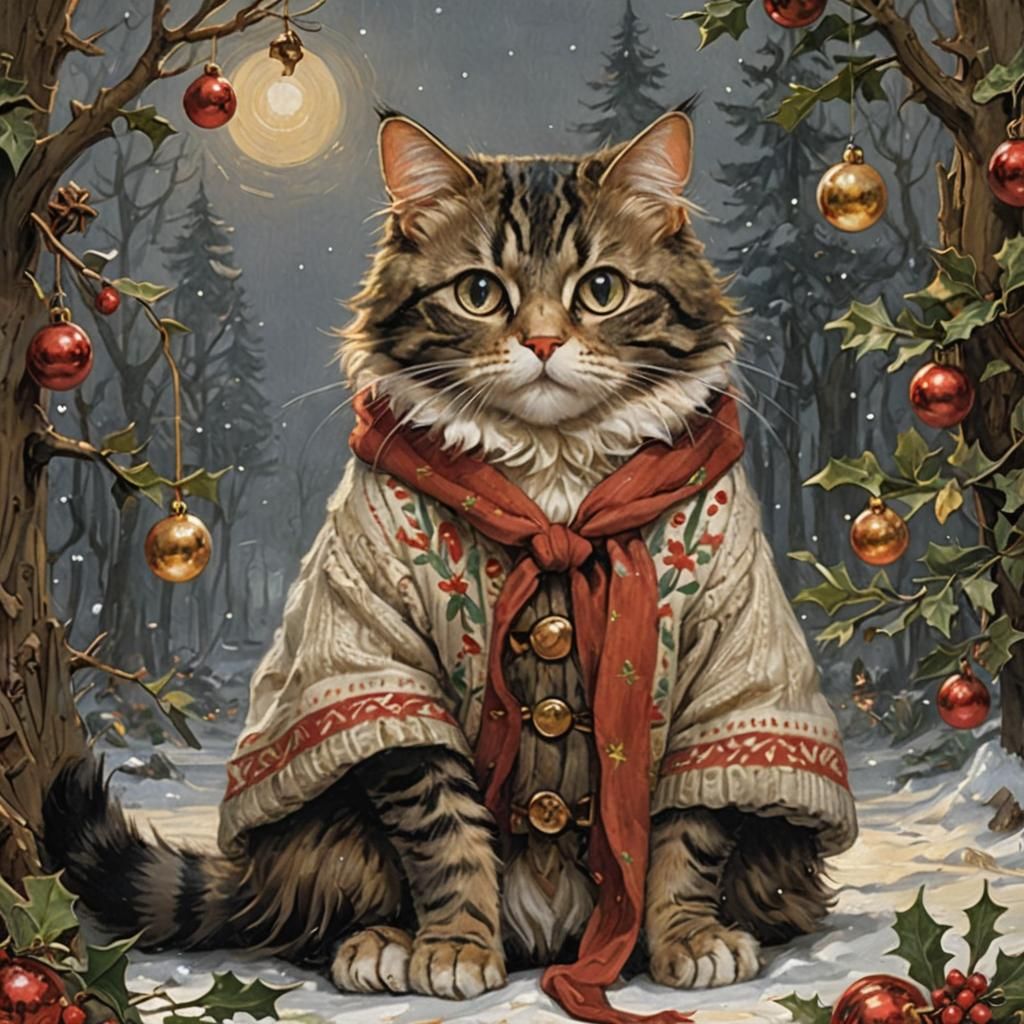 Whimsical Christmas Cat in a Victorian-Style Cardi... - AI Art