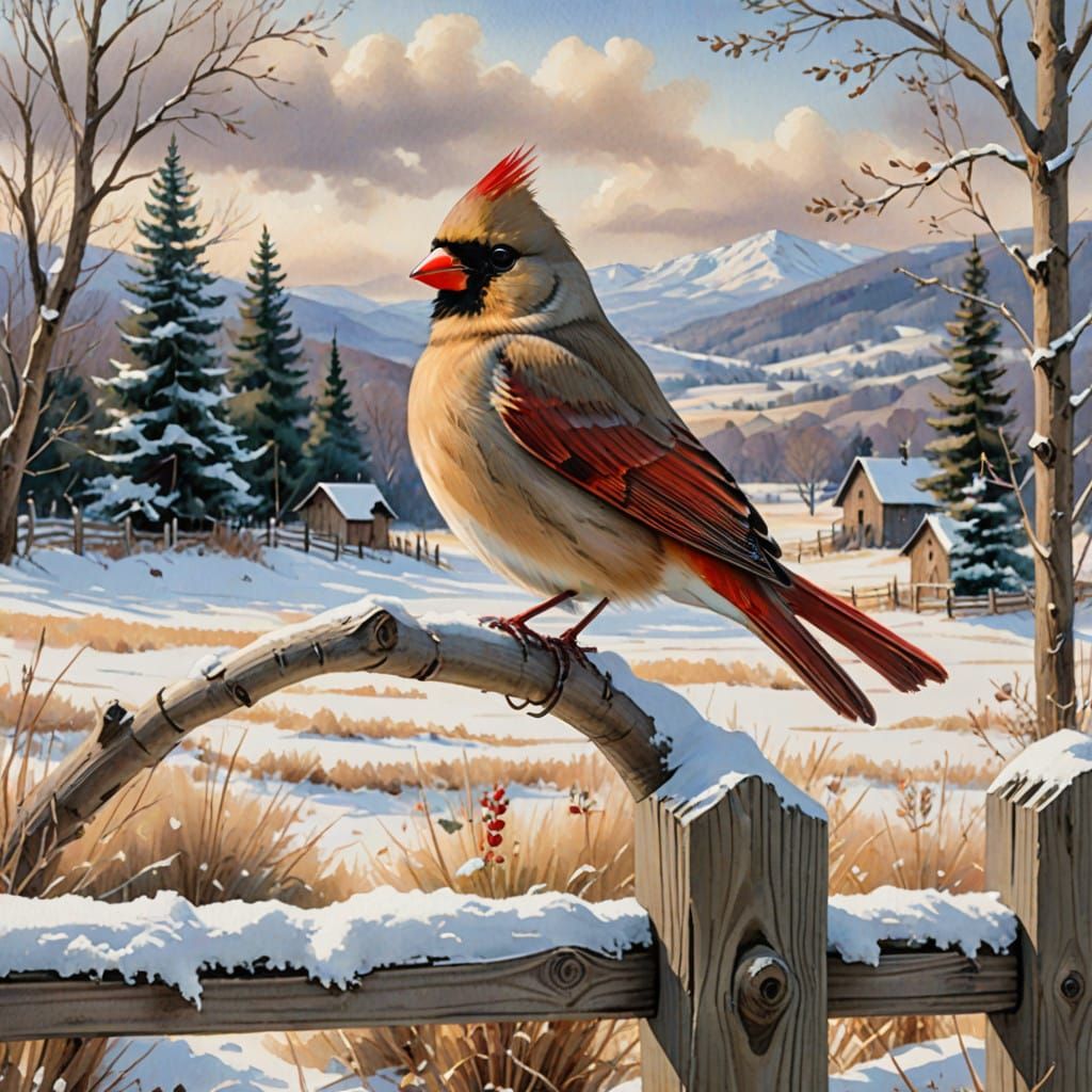 Whimsical Winter Cardinal on a Snowy Fence in Wate... - AI Art