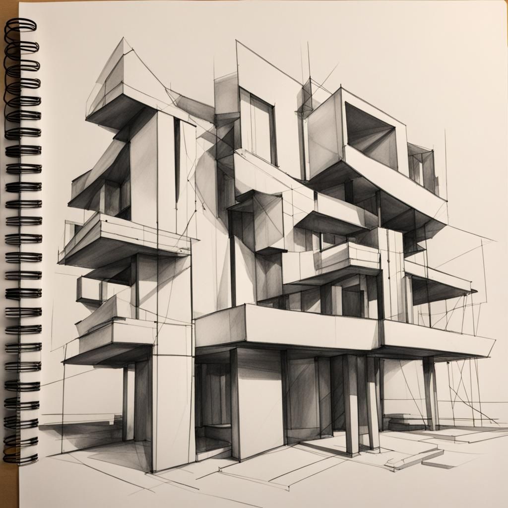 a sketchbook with a drawing of a deconstructivism architecture piece ...