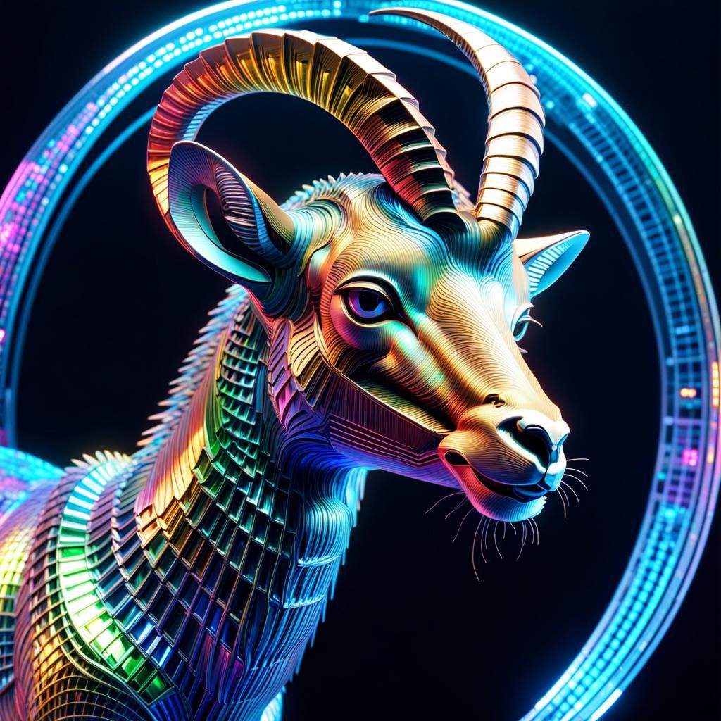 "Holographic sculpture of Pyrenean Ibex, colorful, Hyper intricate ...