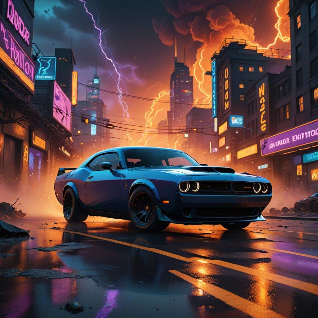 dodge hellcat car - Dodge Hellcat Speeds Through a Neon-Lit...