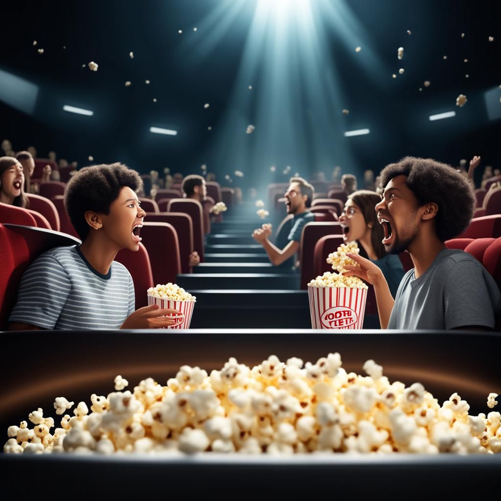 (People:1.2) throwing popcorn at each other inside the movie theater ...
