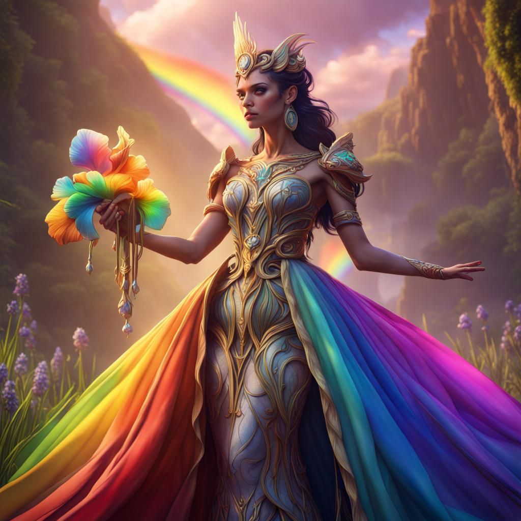 The goddess Iris wearing a rainbow coloured gown and holding a rainbow in her hand - AI ...