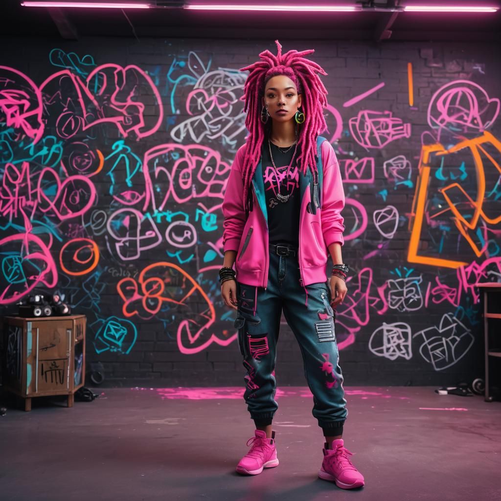 A cute girl with neon pink dreads is dressed in a hipster style outfit ...