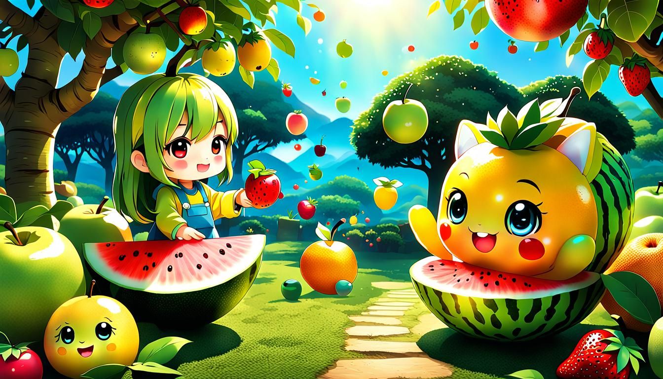 Vibrant and hyperdetailed chibi fruit village storybook illustrations ...
