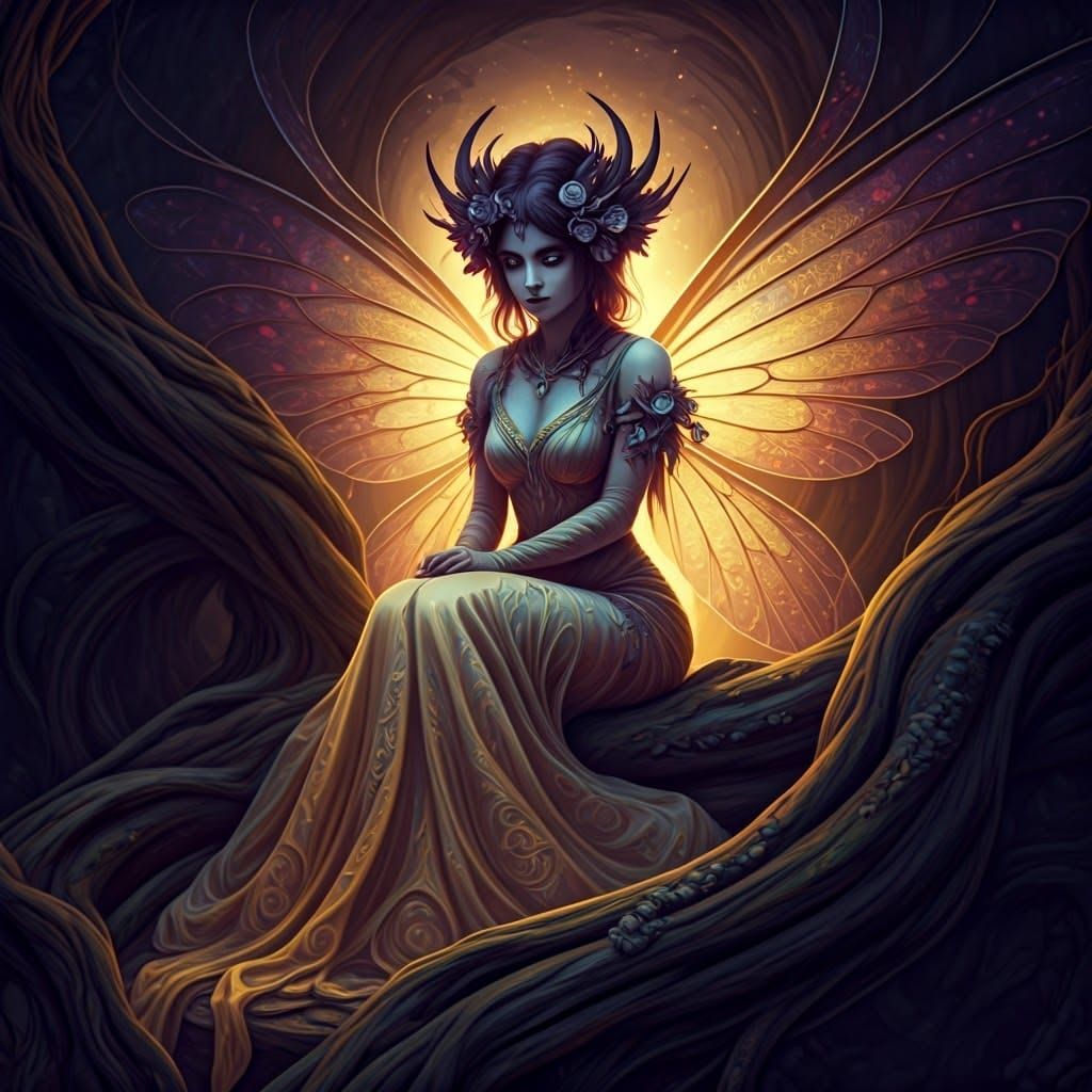 Dark cute fairy in ancient tree - Majestic Dark Fantasy Fair...