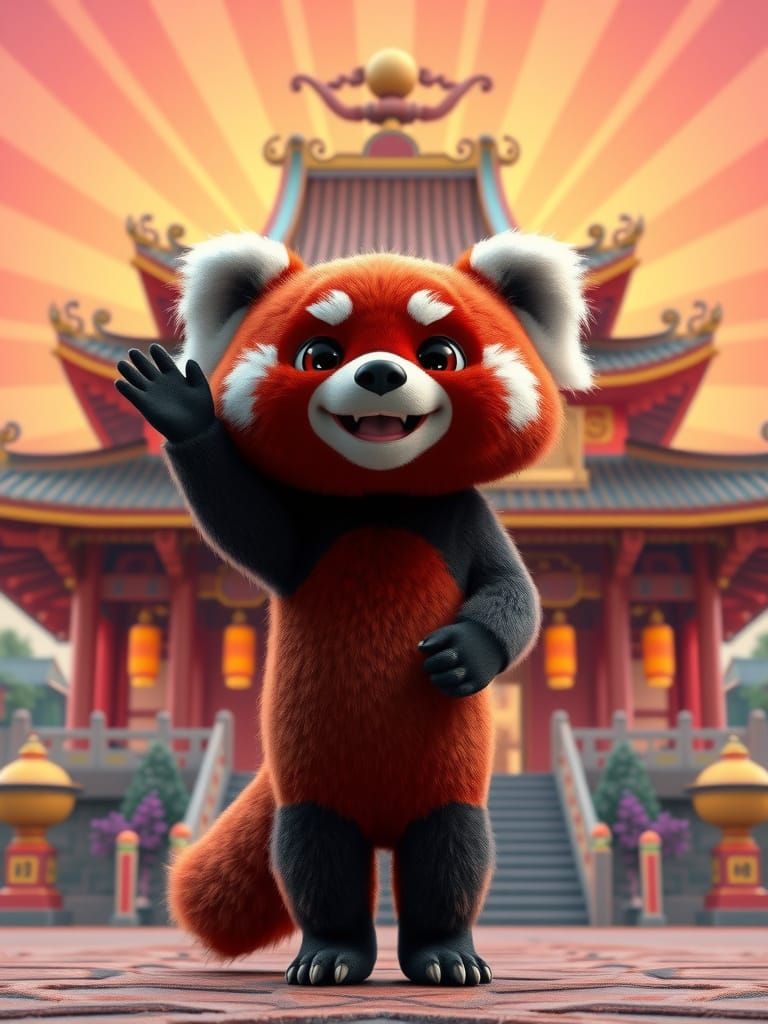 Meilin from the Disney movies Turning Red as the giant red panda, standing in front of a temple