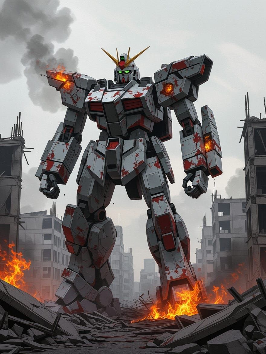 Battle-Scarred Mecha in Decimated Cityscape - AI Art