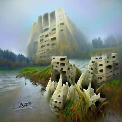 massive brutalist building towering over a muddy shoreline with fog ...