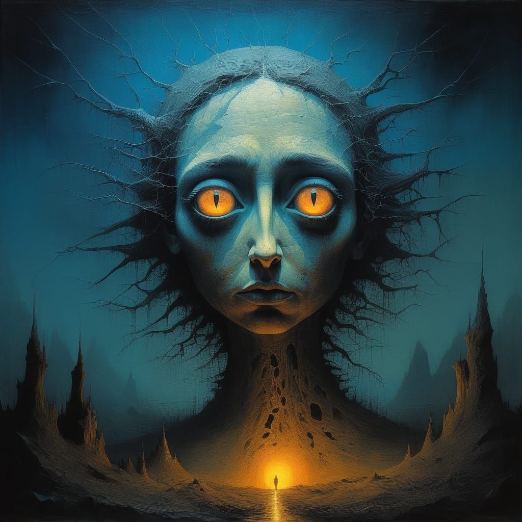 Distorted Figure in a Dark, Surreal Landscape in G... - AI Art