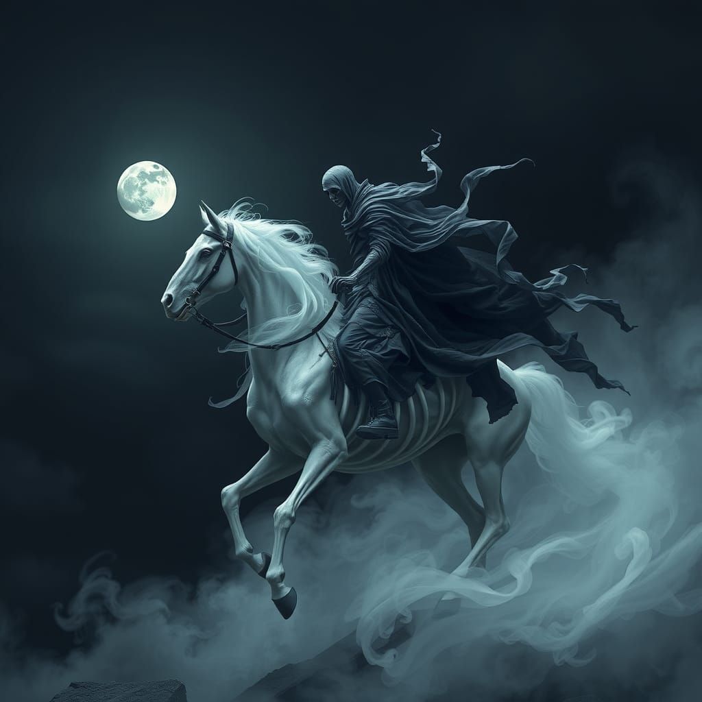 headless horseman riding a skeletal horse both fig... - AI Art