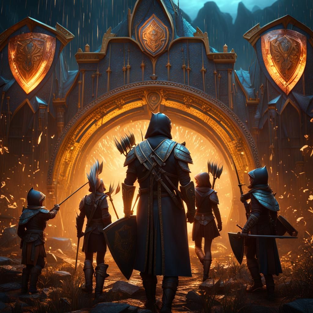 arrows raining on family behind shields - AI Generated Artwork ...