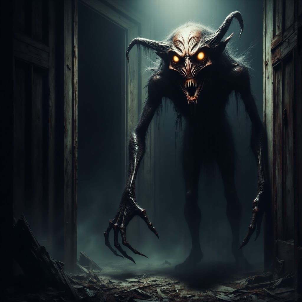 Creepy gremlin like creature in corner of room. Sharp teeth metallic ...