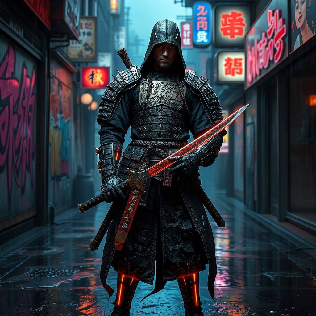 Cyberpunk Samurai Eminem in Neon-Lit Alley - AI Art
