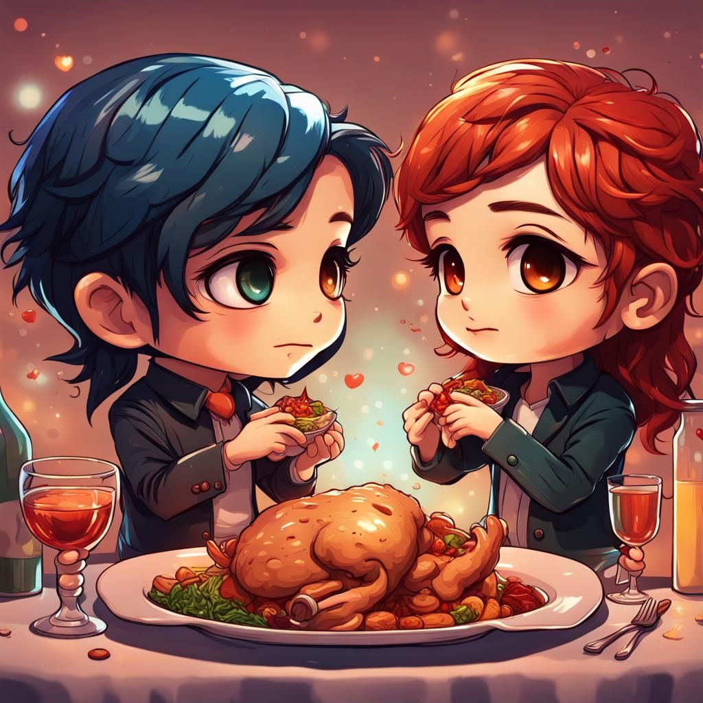 Two chibi lovers looking into each other's eyes over dinner ...