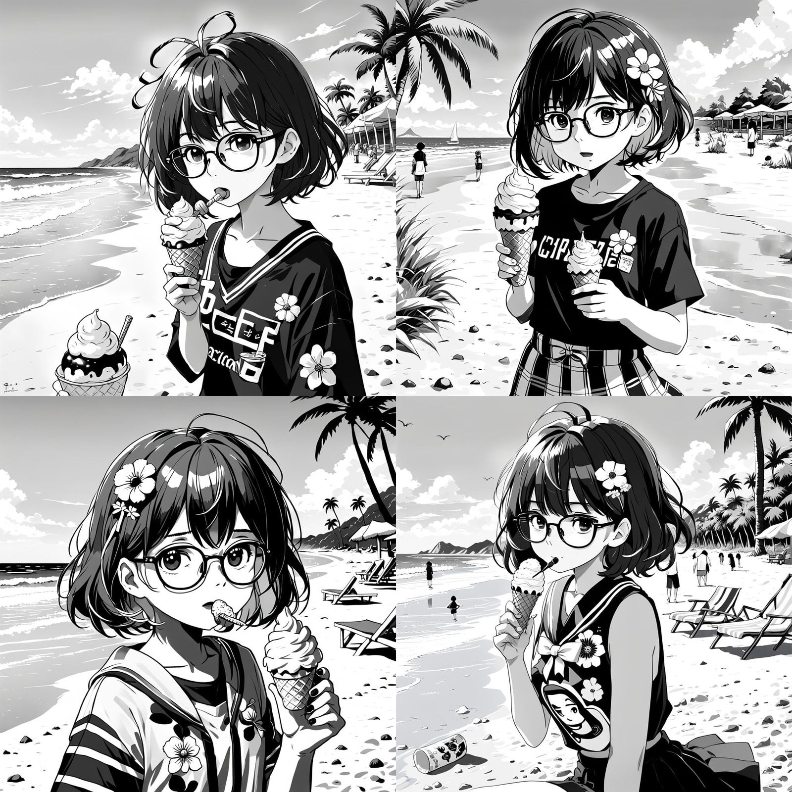 waifu eating ice cream on the beach, bob haircut, glasses, flower in ...
