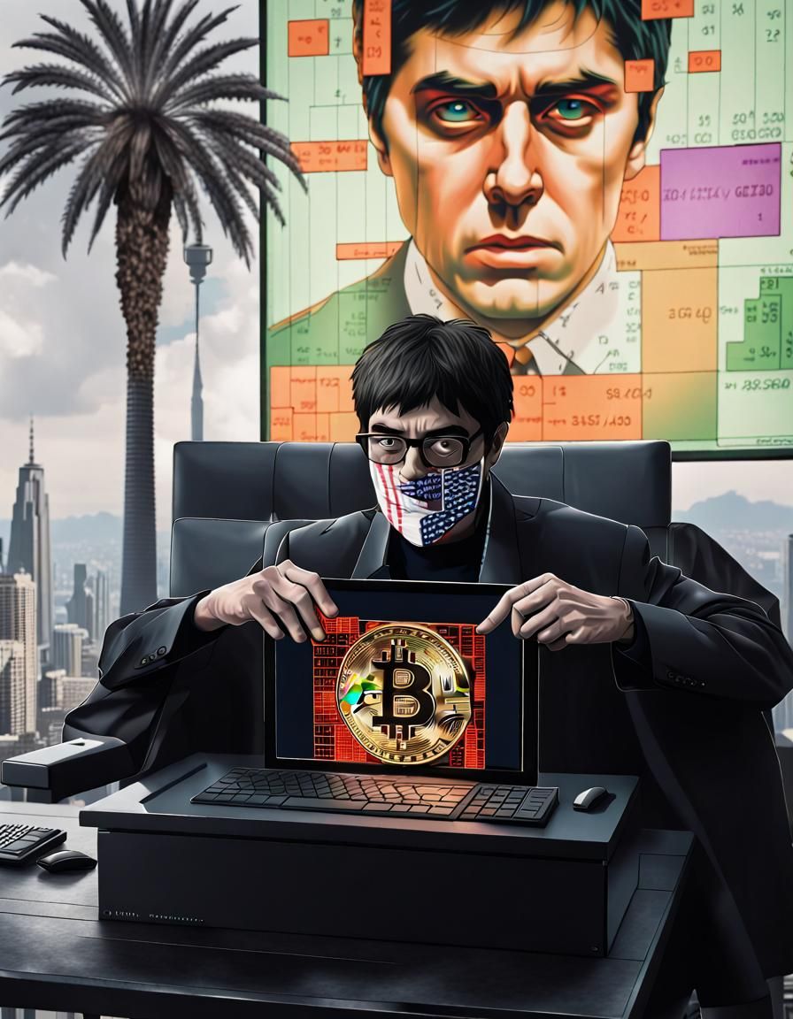 scarface Optical Illusions Humans In A City. Trading Bitcoin Blockchain Computer Screen Charts ...