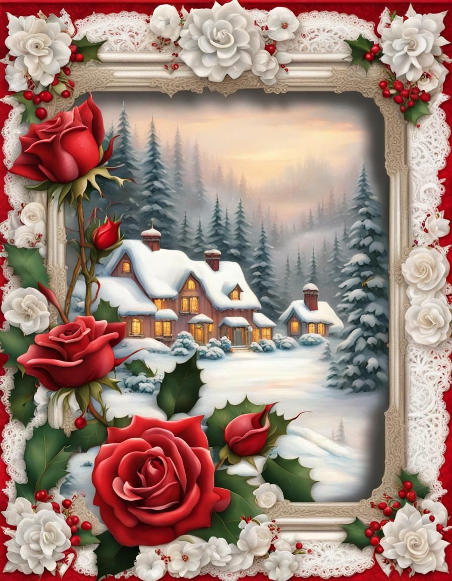 beautiful vintage snow village red roses scrapbook page of a frame with ...
