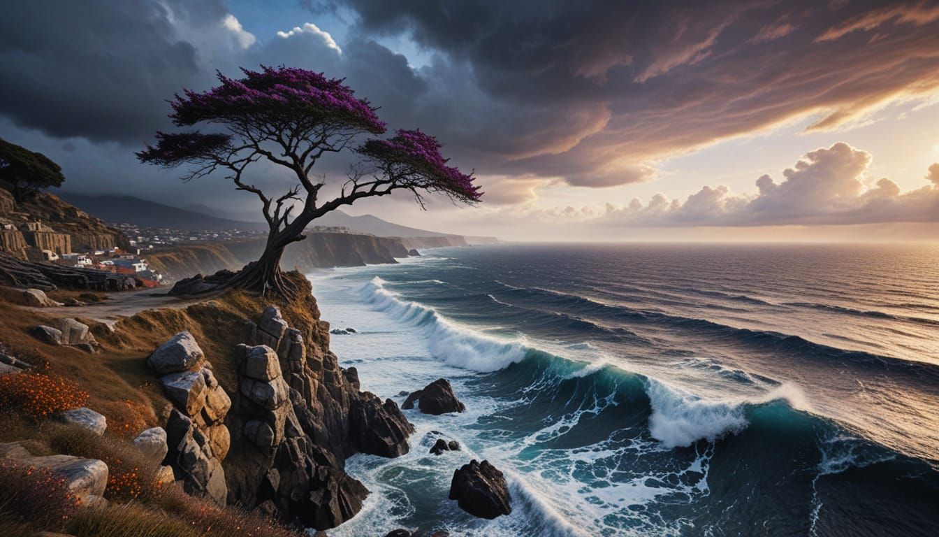 Purple tree - Majestic Cliffside Tree in Dramatic Watercolo...