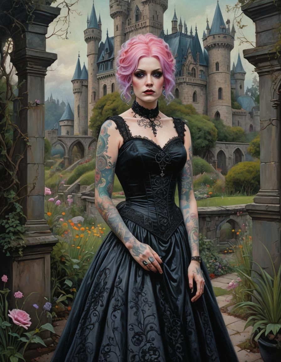 goth plus-size princess with pastel bright hair and tattoos in black eerie gown portrait, gothic ...