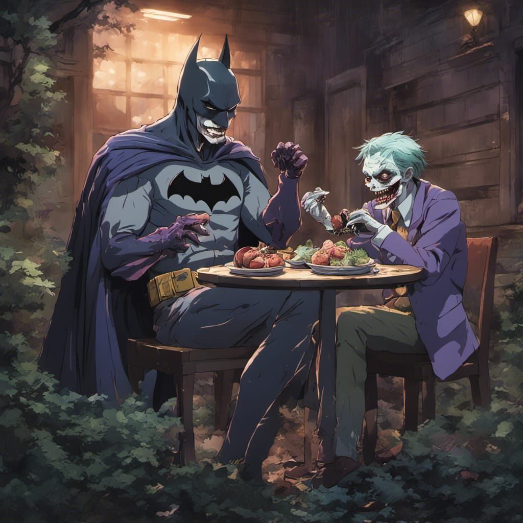 Zombie batman eats with joker - AI Generated Artwork - NightCafe Creator