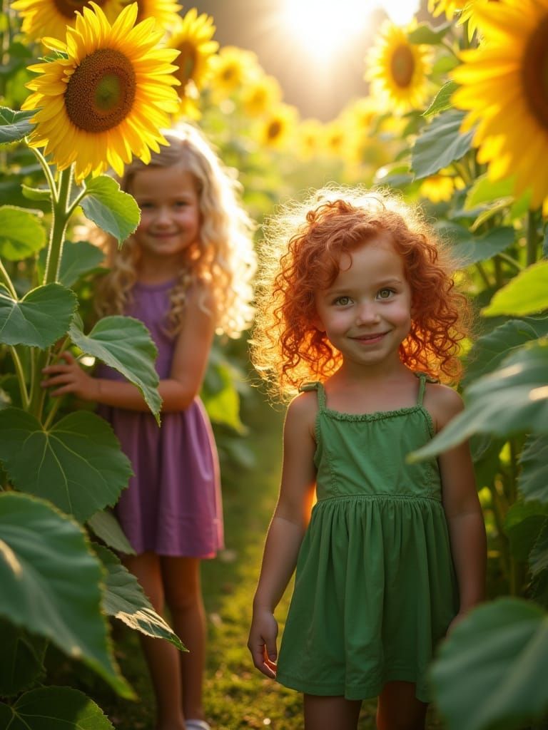 Girls Play Hide and Seek in Sunflower Field - AI Art