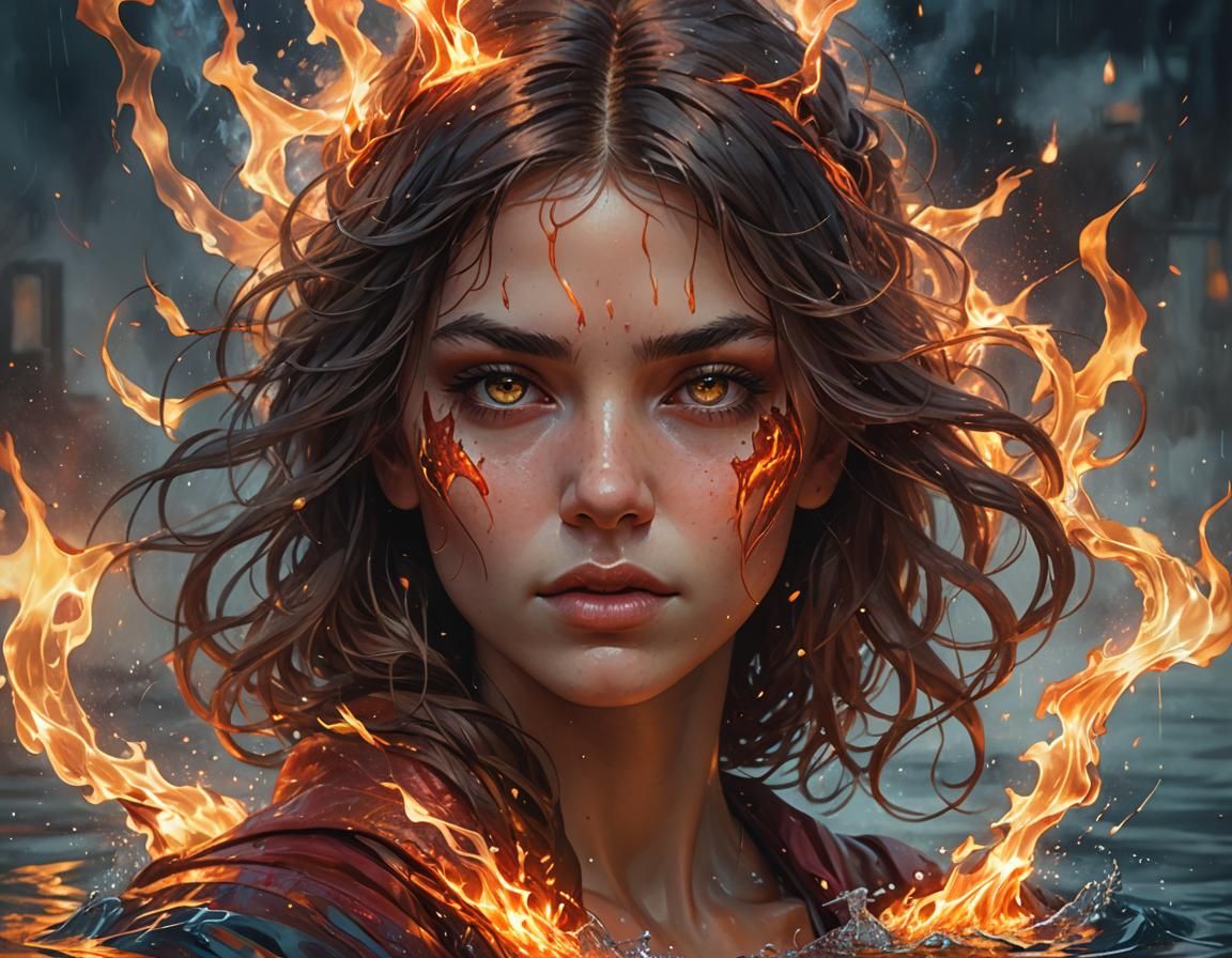 hyper realistic, surreal portrait with the medium of fire capturing ...