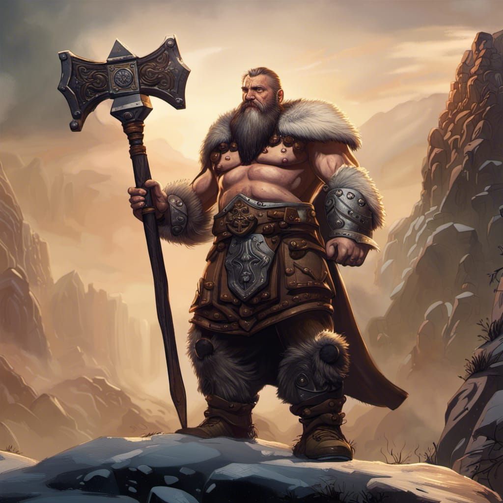 Portrait of a bearded dwarven barbarian/cleric with a war hammer. - AI ...