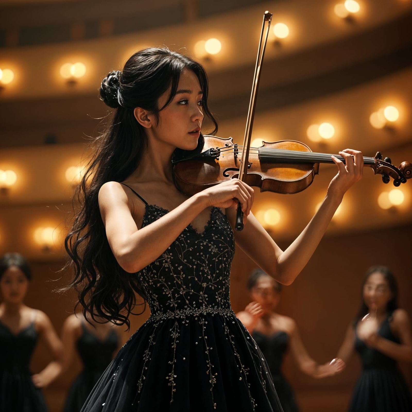 Japanese Opera Violinist in Elegant Black Gown - AI Art